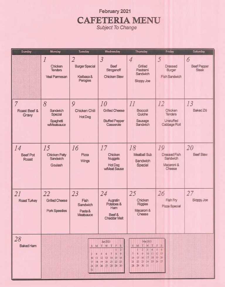 Cafeteria Menu – February 2021 | Elcor Nursing and Rehabilitation Center