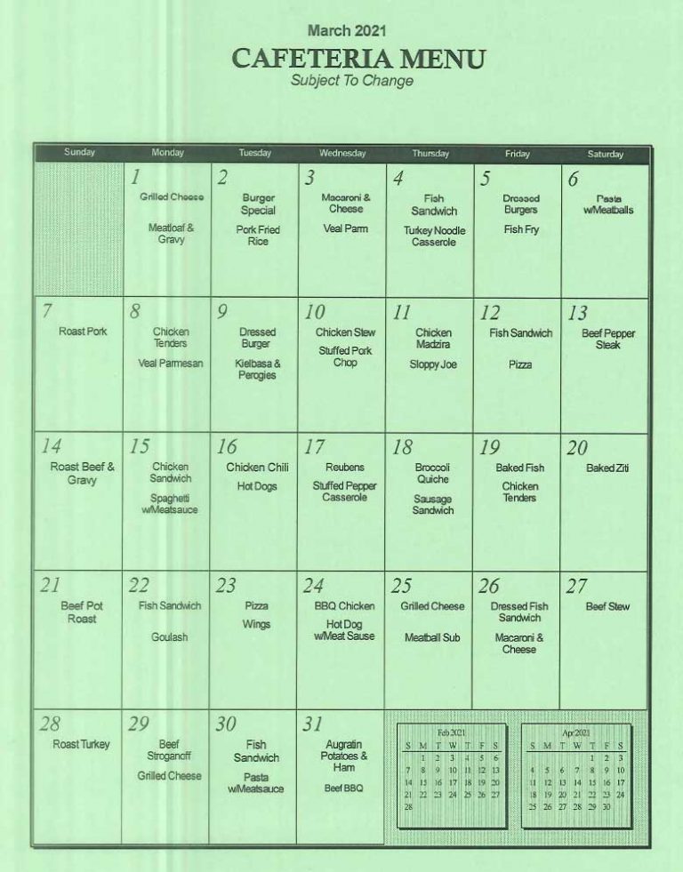 Cafeteria Menu – March 2021 | Elcor Nursing and Rehabilitation Center
